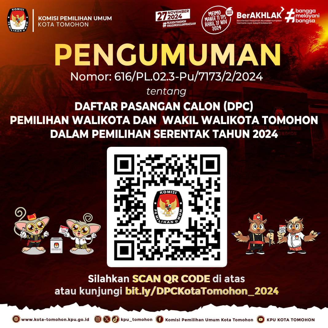 KPU Kota Tomohon Umumkan Daftar Pasangan Calon (DPC) Pilkada Serentak 2024
